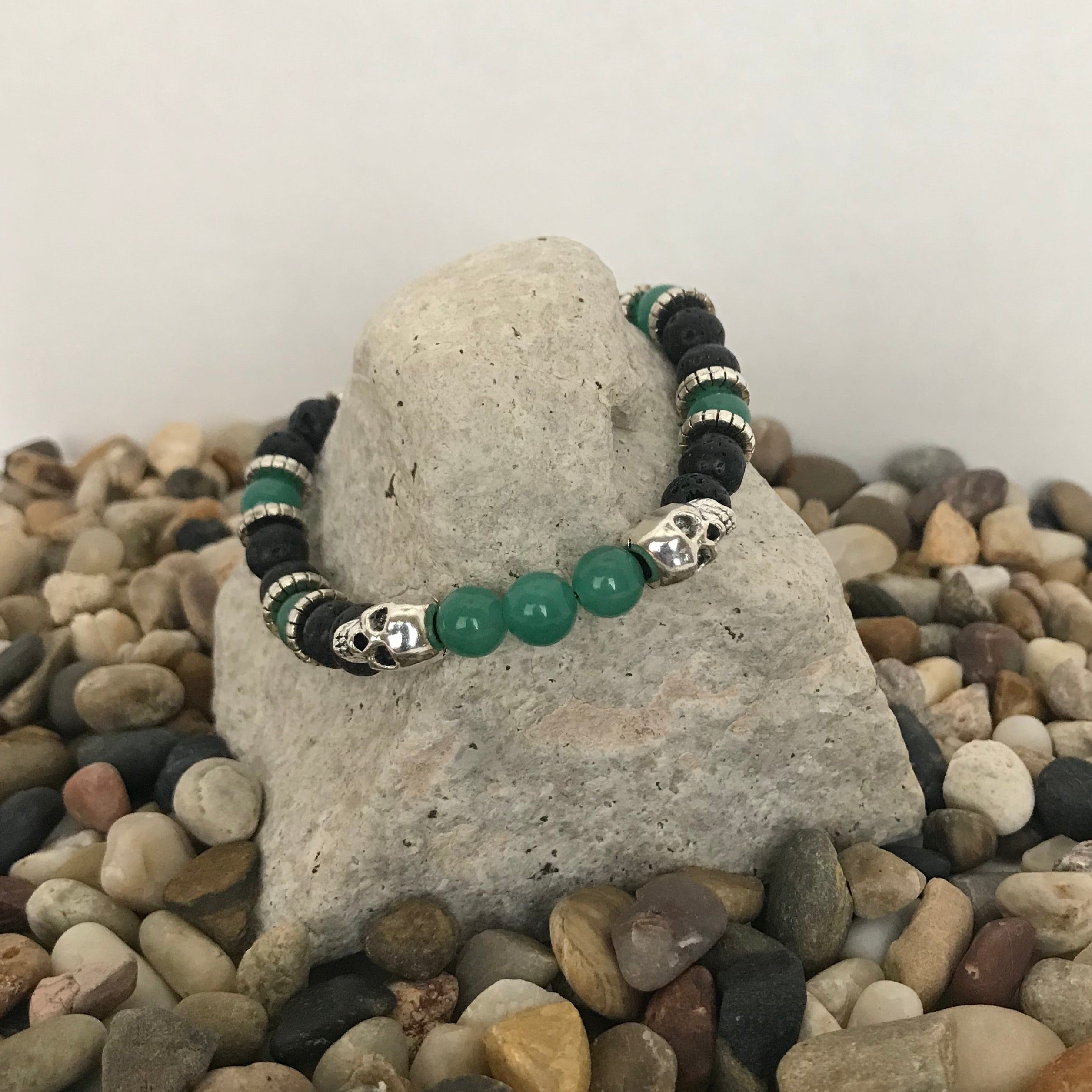 Chakra Spirit Skull Lava and Green Aventurine Gemstone Healing Bracele ...